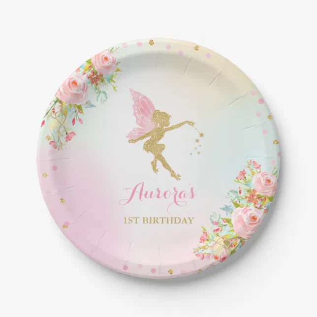 Fairy Pink And Gold Paper Plate 7" Paper Plates | Zazzle