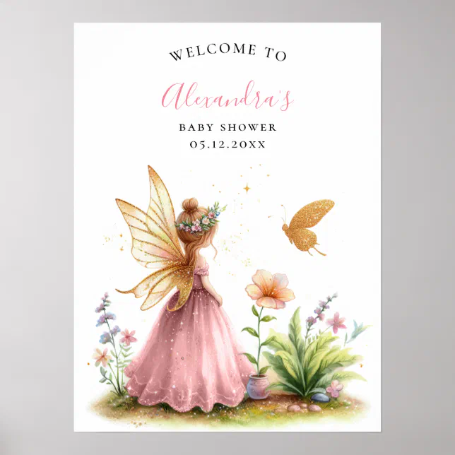 Fairy Princess Enchanted Pink Baby Girl Shower Poster | Zazzle