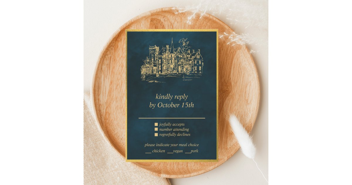 Fairy Tale Whimsical Castle Emerald Gold RSVP card | Zazzle
