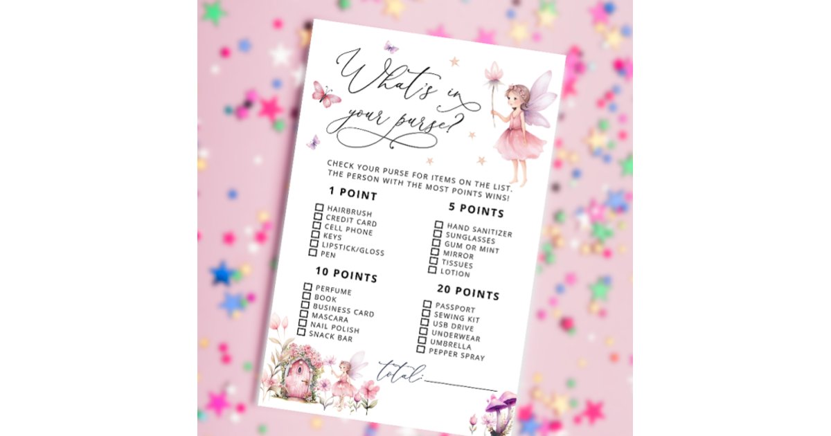 Fairy What's in Your Purse Baby Shower Game | Zazzle
