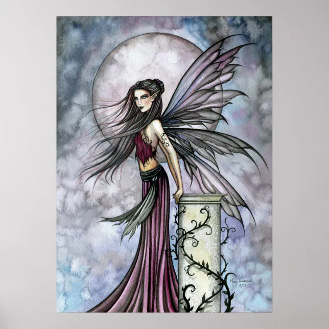 Fairy with Full Moon Fantasy Art Poster | Zazzle