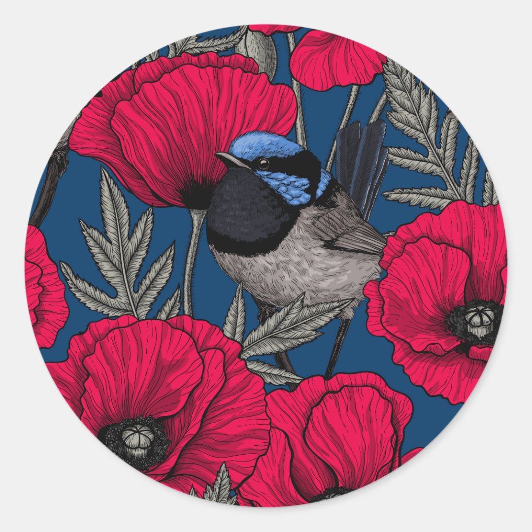 Fairy wren and poppies classic round sticker | Zazzle