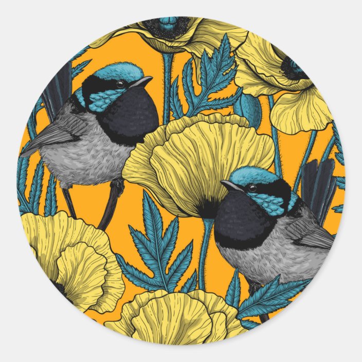 Fairy wren and poppies in yellow classic round sticker | Zazzle