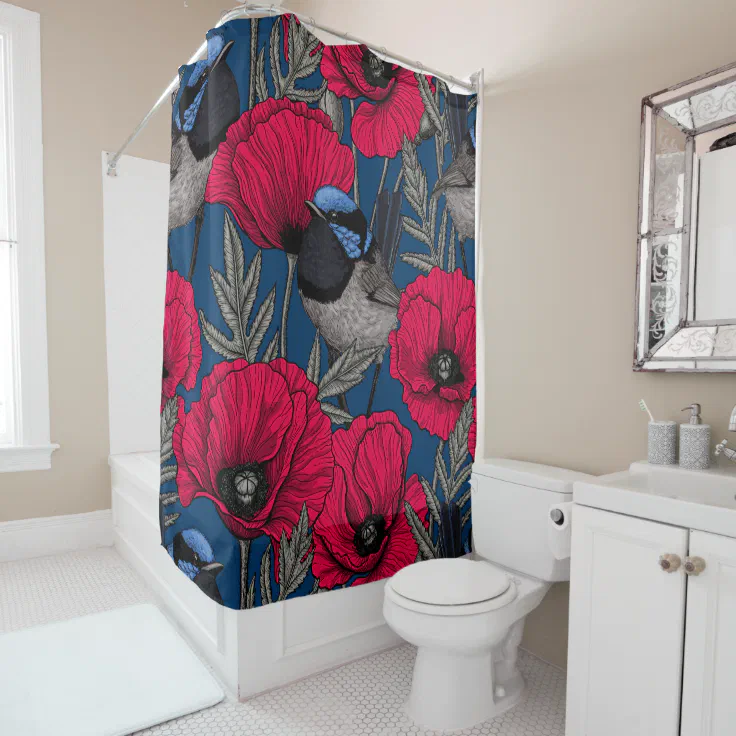 Fairy wren and poppies shower curtain | Zazzle