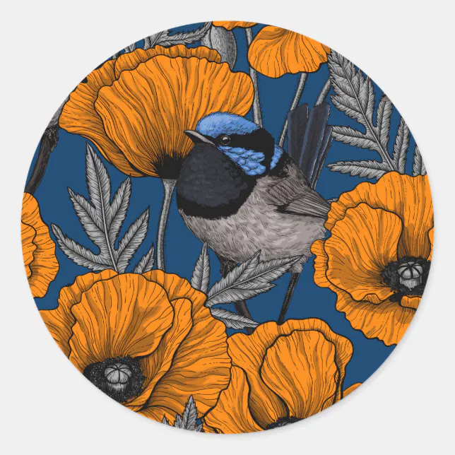 Fairy wrens and orange poppy flowers classic round sticker | Zazzle