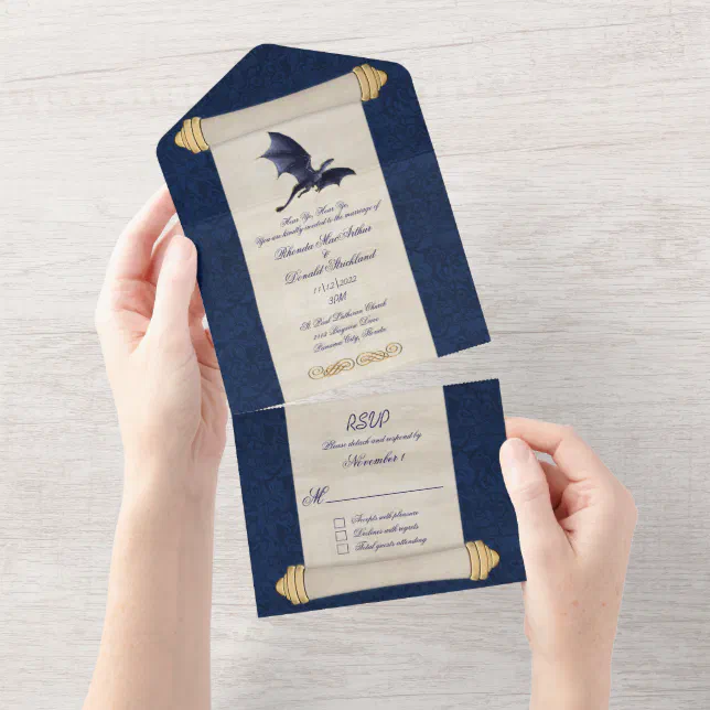 Fairytale Blue Dragon Scroll Wedding All In One Invitation | Zazzle