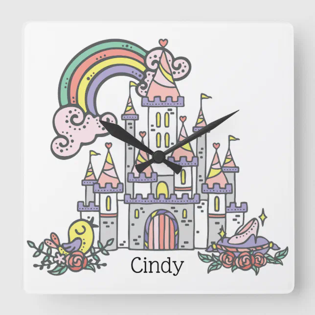 Fairytale Castle Princess Custom Name Square Wall Clock | Zazzle