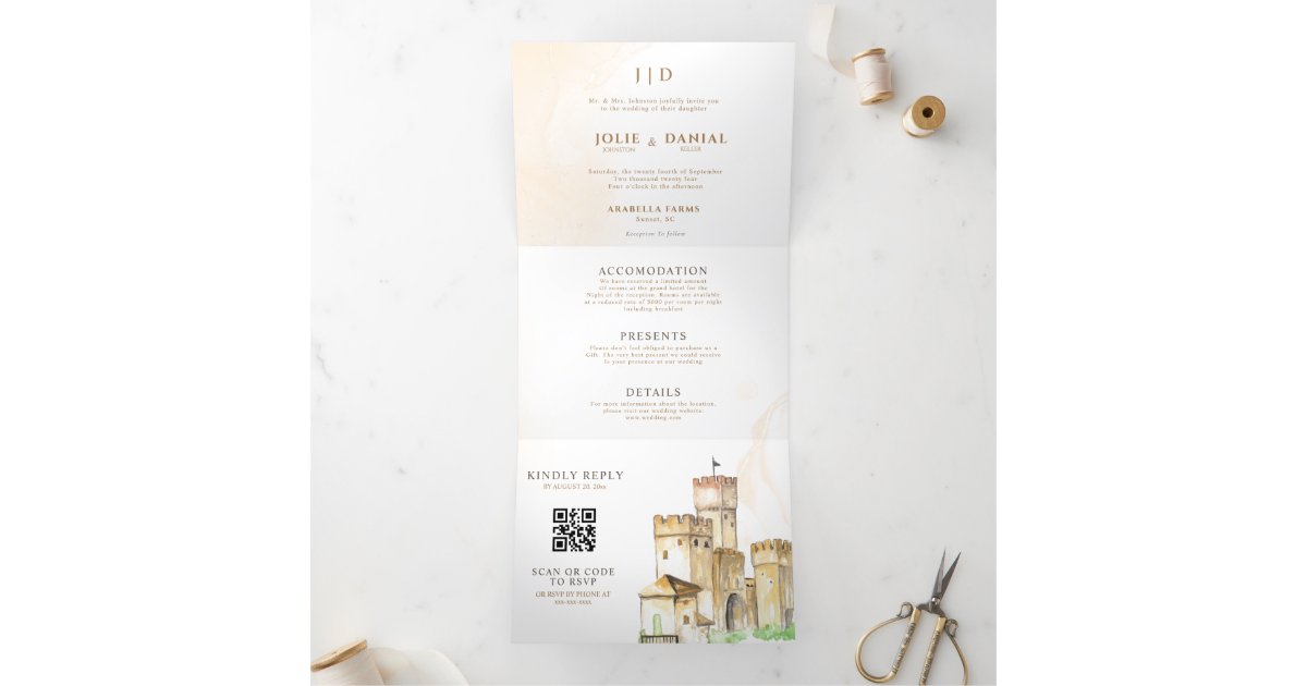 Fairytale castle QR code story book wedding Tri-Fold Invitation | Zazzle