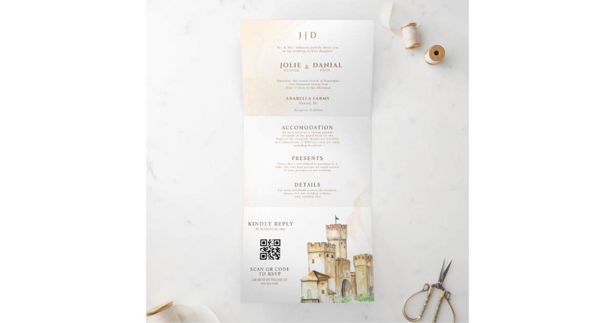 Fairytale castle QR code story book wedding Tri-Fold Invitation | Zazzle
