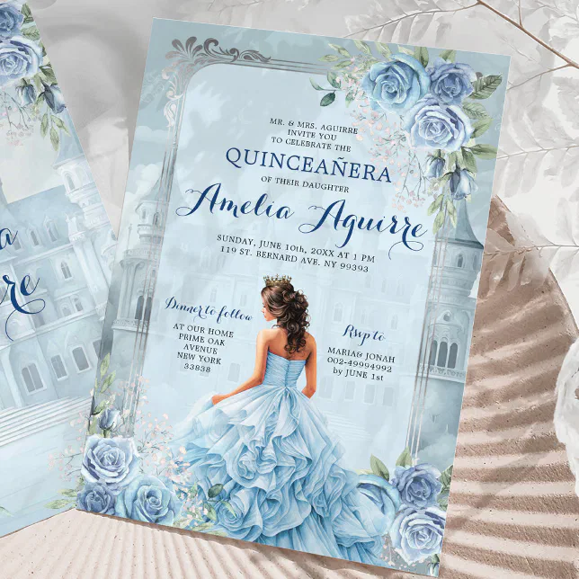 Fairytale Royal Castle Light Blue Quinceañera Invitation | Zazzle