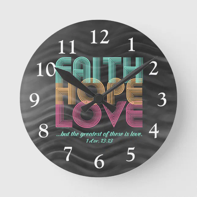 Faith Hope Love Christian Bible Verse Retro Round Clock | Zazzle