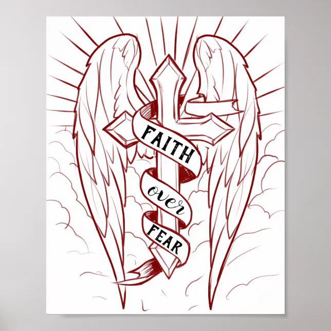 Faith Over Fear Angel Wings & Cross Christian Art Poster | Zazzle