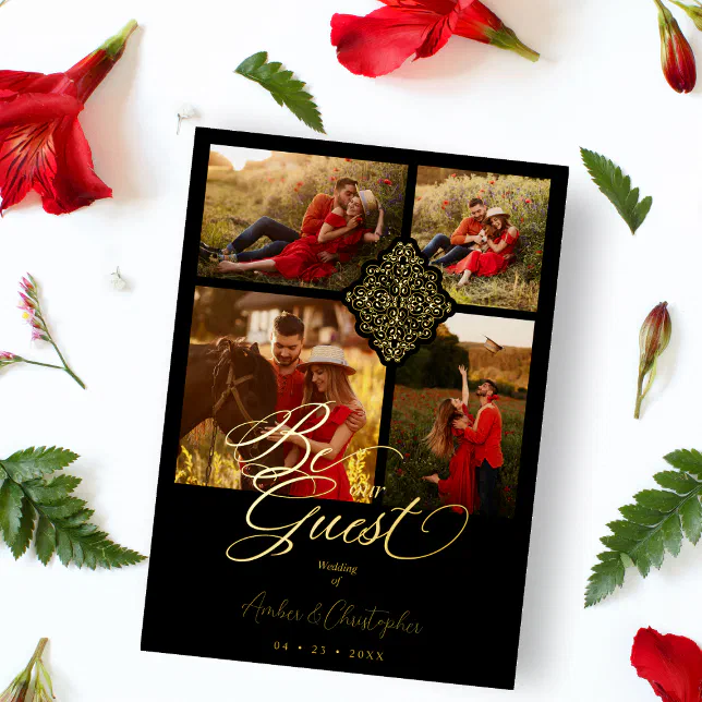 Fake Golden Luxury Filigree 4 Pictures Wedding Foil Invitation | Zazzle