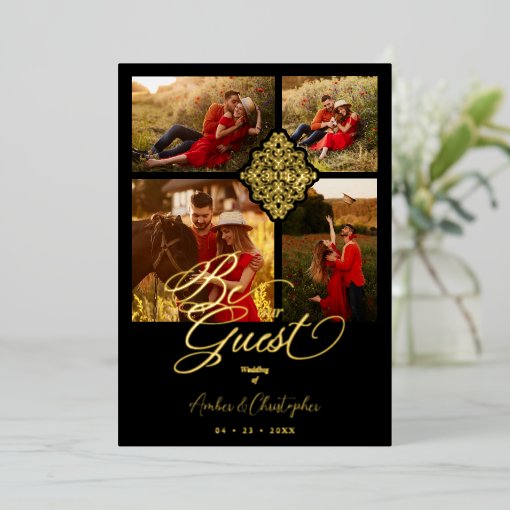 Fake Golden Luxury Filigree 4 Pictures Wedding Foil Invitation | Zazzle