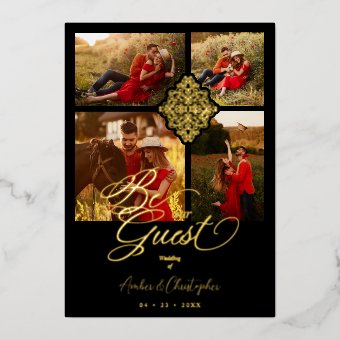 Fake Golden Luxury Filigree 4 Pictures Wedding Foil Invitation | Zazzle