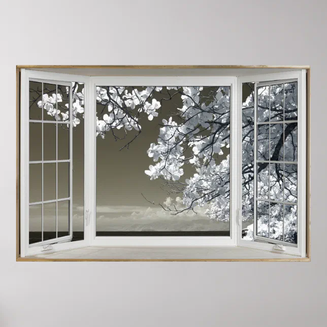 Fake Window Illusion - Ominous White Blossom View Poster | Zazzle