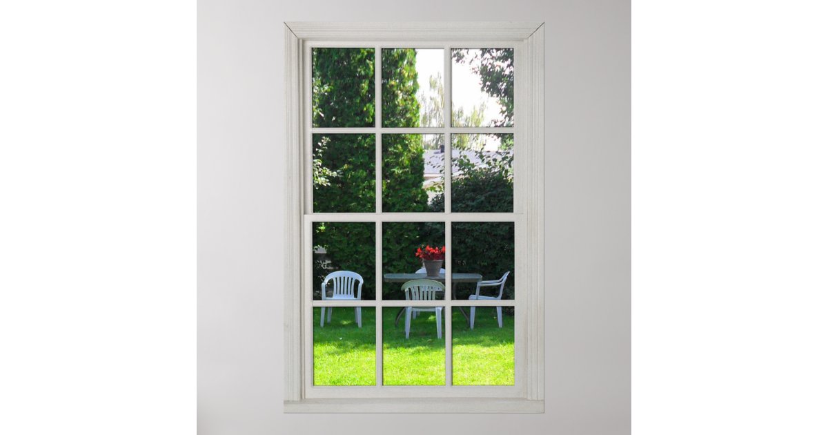 Fake Window - White Wood - Backyard View Poster | Zazzle