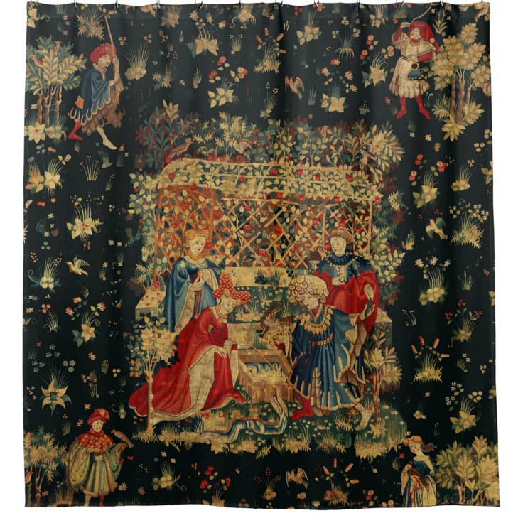 FALCONS BATH Red Blue Antique Medieval Tapestry Shower Curtain | Zazzle