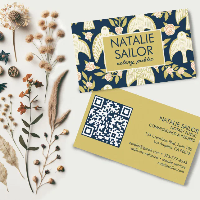 Falcons & Roses QR Code Chic Modern Notary Public Business Card | Zazzle