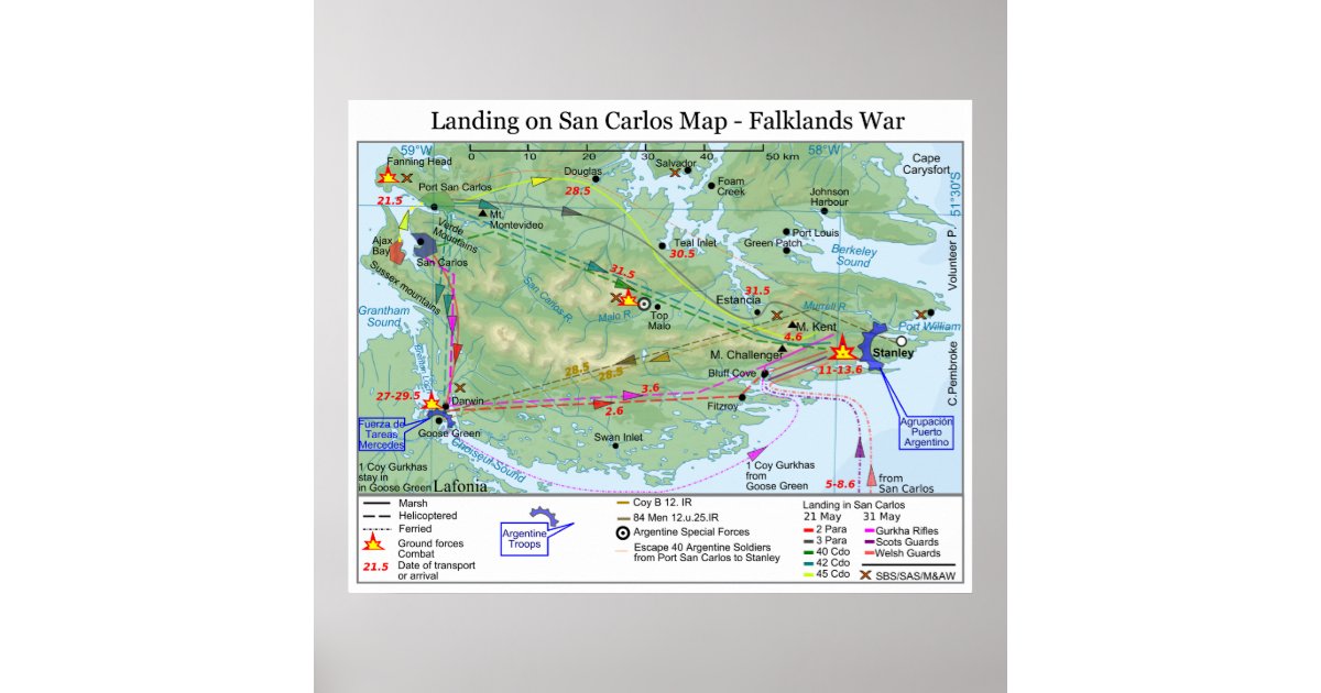 Falkland War Landing in San Carlos Map Poster | Zazzle