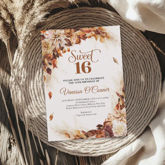 Fall and autumn copper flowers and leaves 16th invitation | Zazzle