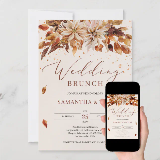 Fall and Autumn flowers and leaves Wedding Brunch Invitation | Zazzle