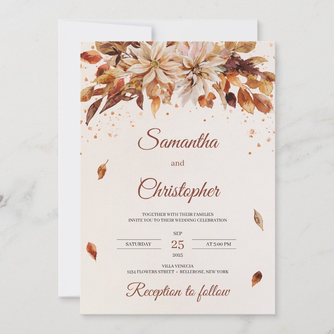 Fall and Autumn flowers and leaves wedding Invitation | Zazzle