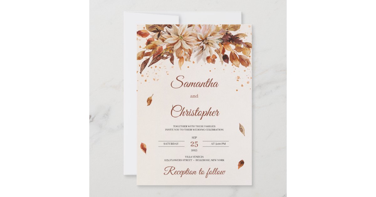 Fall and Autumn flowers and leaves wedding Invitation | Zazzle