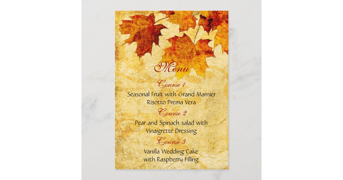fall autumn brown leaves wedding menu | Zazzle