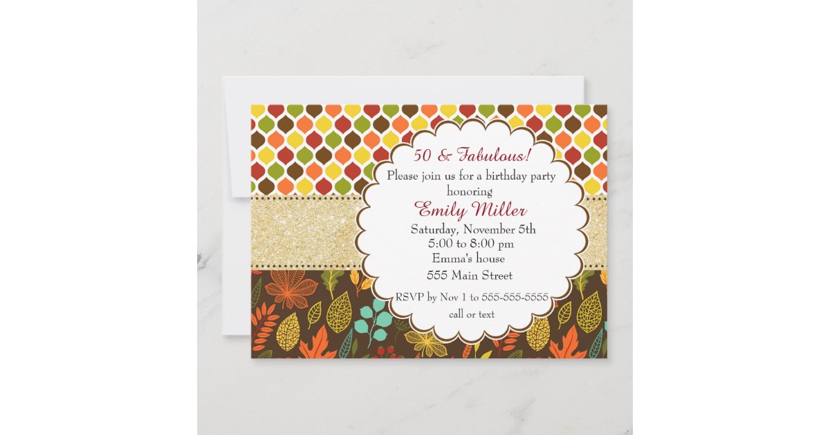 Fall Autumn Glitter Adult Birthday Invitation | Zazzle