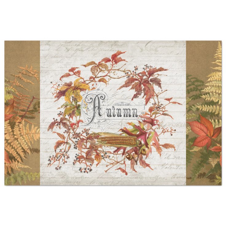Fall Autumn Leaf Wreath Script Ephemera Decoupage Tissue Paper | Zazzle