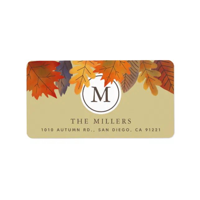 Fall Autumn Leaves Khaki Monogram Address Label | Zazzle