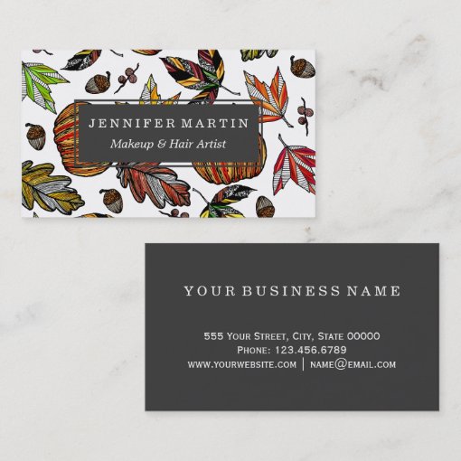 Fall Autumn Leaves Pumpkin and Acorns Illustration Business Card | Zazzle