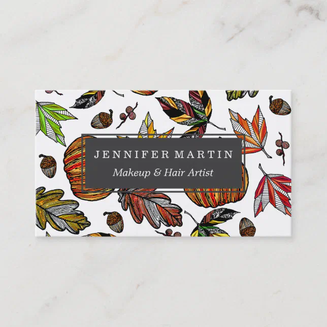 Fall Autumn Leaves Pumpkin and Acorns Illustration Business Card | Zazzle