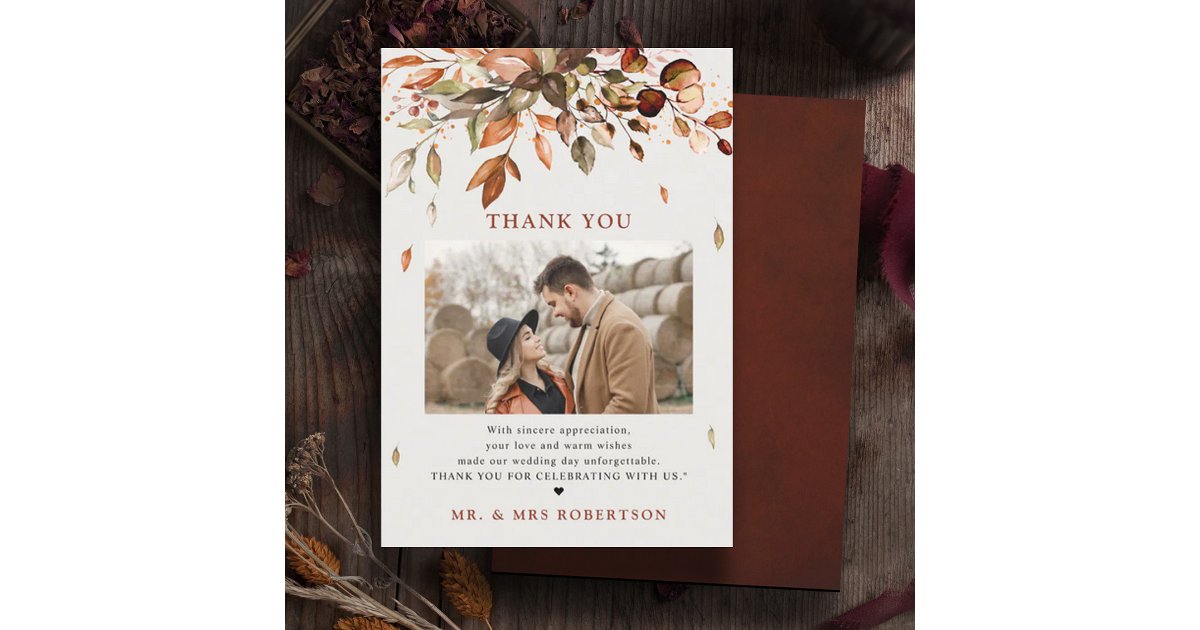 Fall Autumn Leaves Rustic Country Photo wedding Thank You Card | Zazzle
