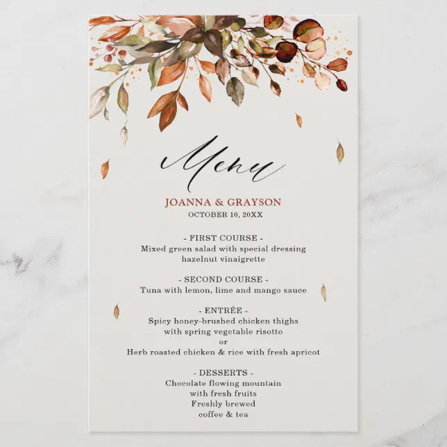 Fall Autumn Leaves Rustic Country Wedding Menu | Zazzle