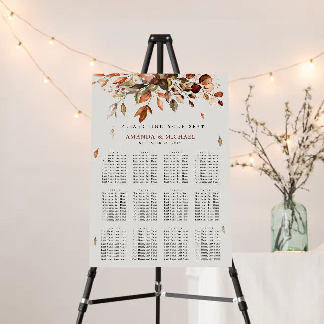 Fall Autumn Leaves Rustic Wedding Seating chart Foam Board | Zazzle