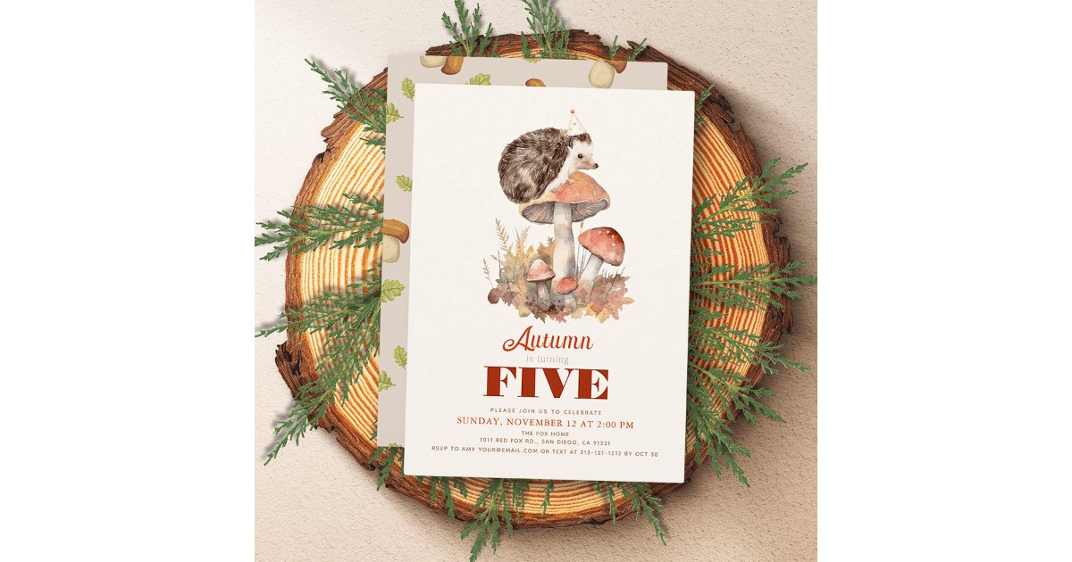 Fall/Autumn Mushroom Hedgehog Kids Birthday Invitation | Zazzle