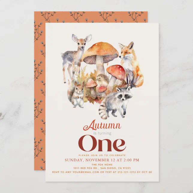 Fall/Autumn Mushroom Woodland Animals 1st Birthday Invitation | Zazzle