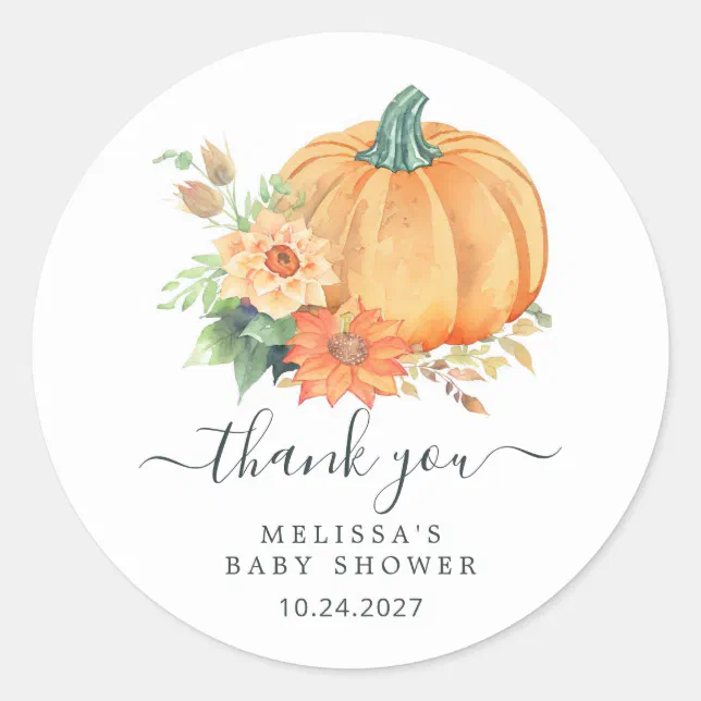 Fall/Autumn Pumpkin Floral Baby Shower Thank You Classic Round Sticker ...