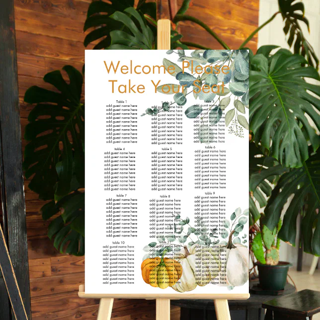 Fall Autumn Pumpkin Greenery Seating Chart Foam Board | Zazzle