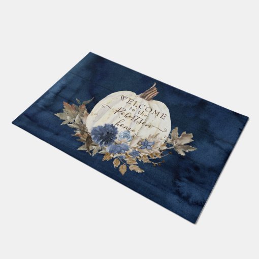 Fall Autumn Pumpkin Navy Welcome Mat Family Name | Zazzle