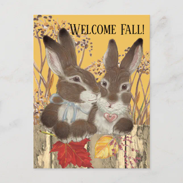 Fall Autumn Rabbit Bunny Leaves Whimsical Painting Holiday Postcard ...
