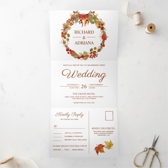 Fall Autumn Rustic Country Leaves Wreath Wedding Tri-Fold Invitation ...