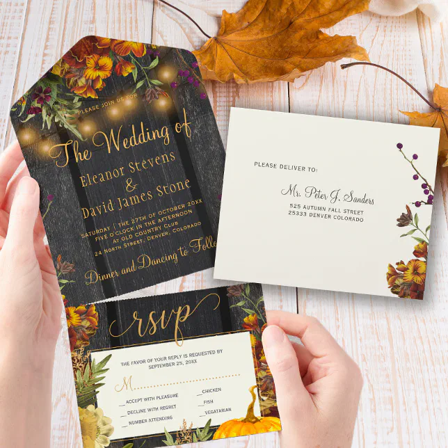 Fall autumn rustic floral wood pumpkin wedding all in one invitation ...