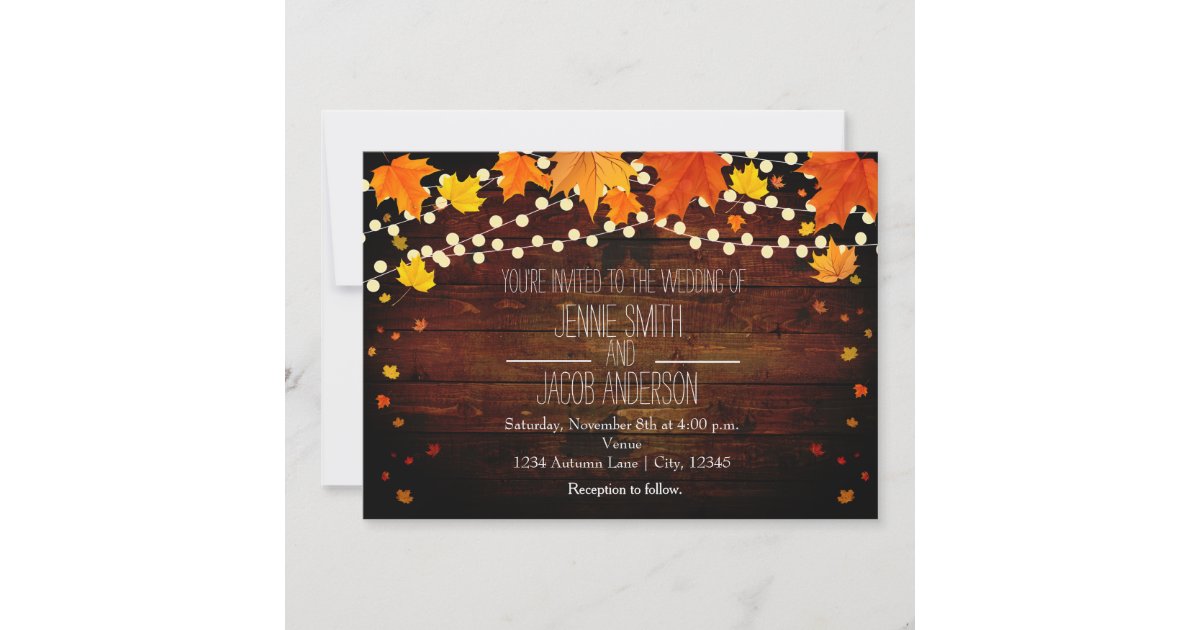 Fall Autumn String Lights Wood Wedding Invitation | Zazzle