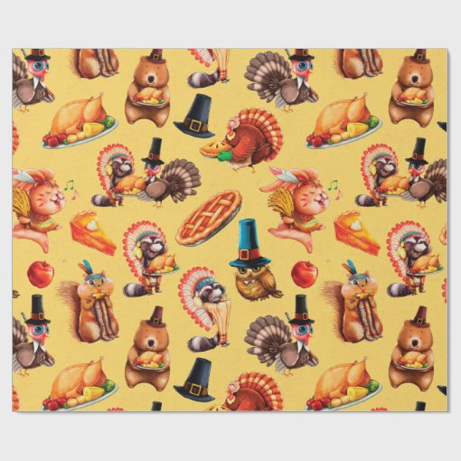 Fall Autumn Thanksgiving Turkey Animals Pie Wrapping Paper | Zazzle