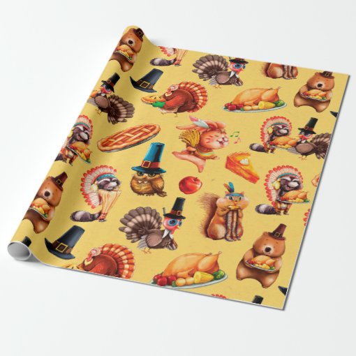 Fall Autumn Thanksgiving Turkey Animals Pie Wrapping Paper | Zazzle