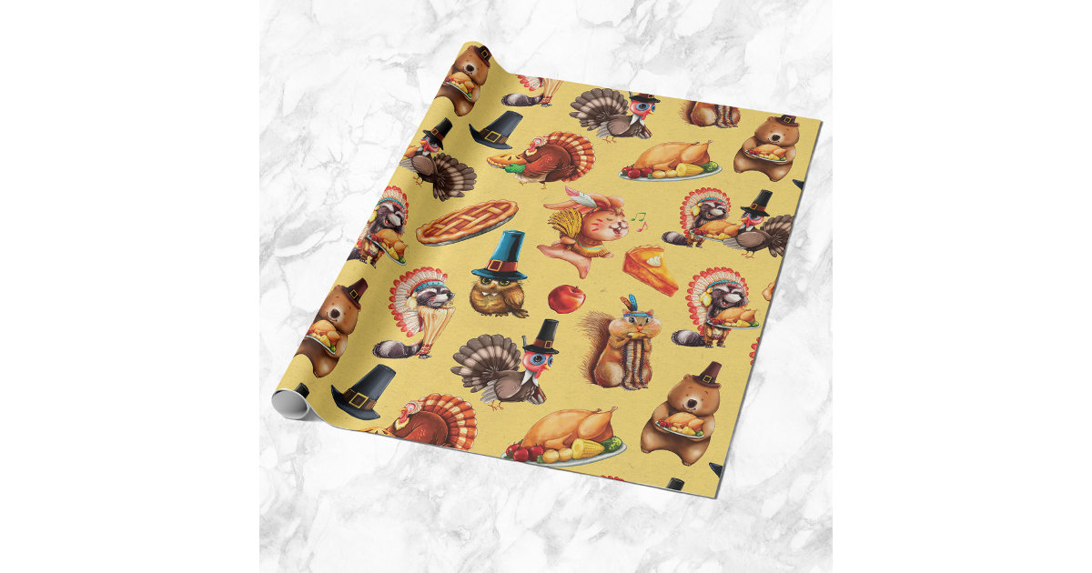 Fall Autumn Thanksgiving Turkey Animals Pie Wrapping Paper | Zazzle