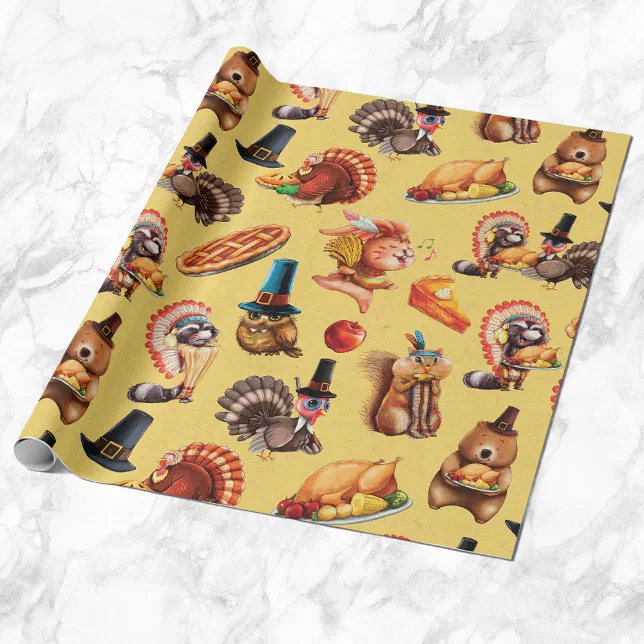 Fall Autumn Thanksgiving Turkey Animals Pie Wrapping Paper | Zazzle
